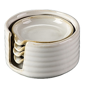 Ceramic Spoon Rest,Spoon Holder,Soy Sauce Dishes with Holder for Kitchen,Household Dipping Sauce Dishes Set, Side Dishes,LIUCUON Kitchen Basics,Set of 4 Kitchen Accessories For Utensils (cream)