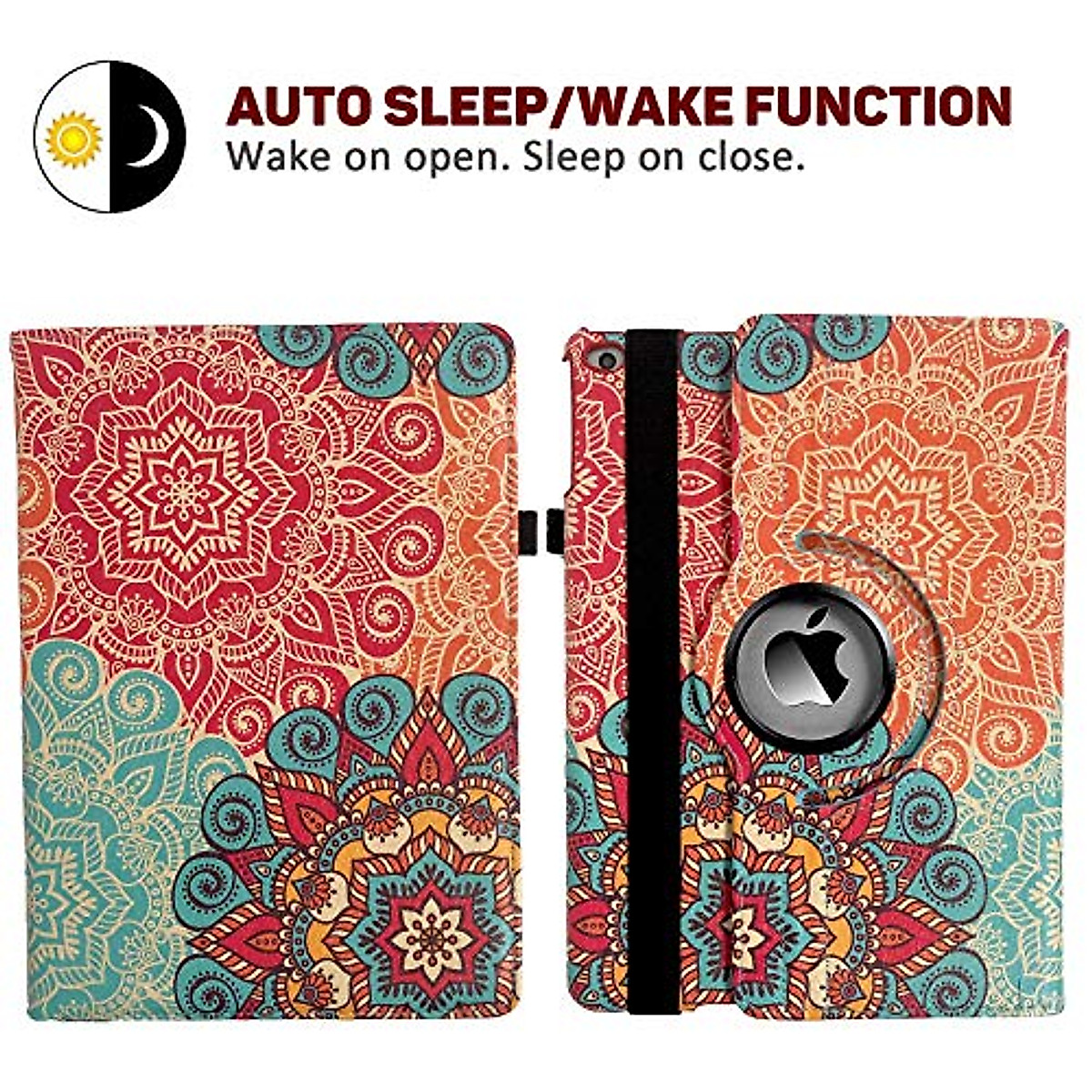 iPad Case Fit 2018/2017 iPad 9.7 6th/5th Generation - 360 Degree Rotating iPad Air Case Cover with Auto Wake/Sleep Compatible with Apple iPad 9.7 Inch 2018/2017 (Red Mandala)