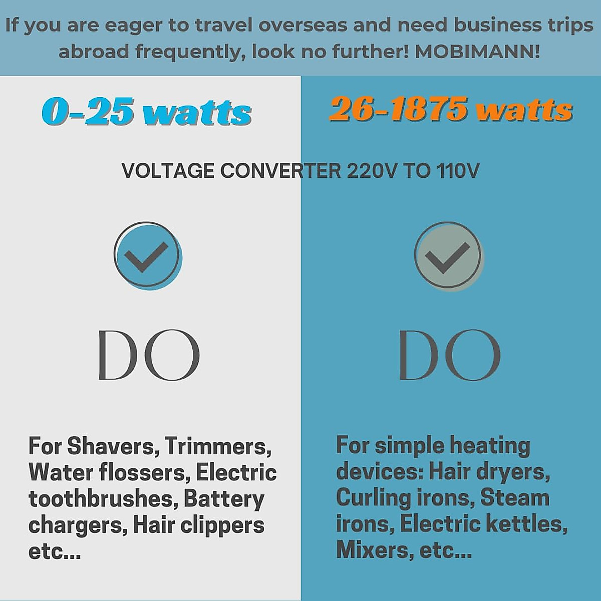MOBIMANN Dual Watts Travel Voltage Converter 25/1875W, Step Down Voltage Converter 220V to 110V for Hair straighteners, Shavers, Power converters from USA to Europe, UK, Australia Over 150 Countries