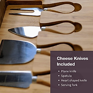Vistal Cheese Board and Knife Set, Bamboo Charcuterie Board with Slide-Out Drawer and Stainless Steel Knives