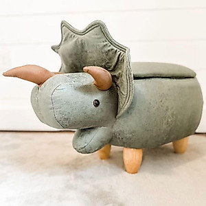CRITTER SITTERS 15-in. Seat Height Green Triceratops Dinosaur Animal Shape Storage Ottoman, Kids Furniture for Nursery, Bedroom, Playroom, and Living Room Decor, Multifunctional Cushioned Step Stool