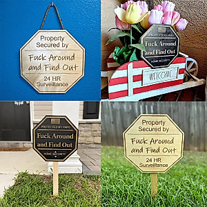 2 Pack Surveillance Sign - Protected by F Funk Around and Find Out - Wood Fafo Security Signs - Home - Funny Gag Joke Warning Yard Signs