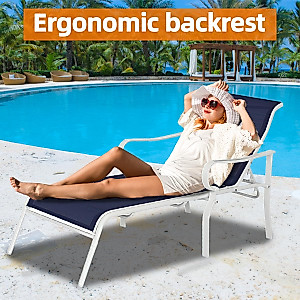 SUMELL Chaise Lounge Outdoor w/Adjustable Back in 5 Reclining Levels Sturdy Metal Frame, Sunbathing Chair for Beach, Yard, Balcony, Poolside, Dark Blue
