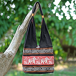 NOVICA Artisan Handmade Cotton Blend Shoulder Bag Black Vermilion from Thailand Wood Handbags Orange Gold Tone Embroidered Animal Themed Elephant ' Thai Elephants in Vermilion'