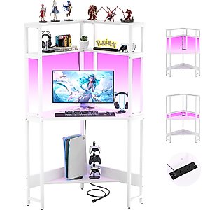 Cyclysio Mini Corner Desk with Hutch, Corner Gaming Desk with LED Light, Corner Computer Desk with Power Outlets, Triangle Corner Desk for Small Space, Home Office, Workstation, White
