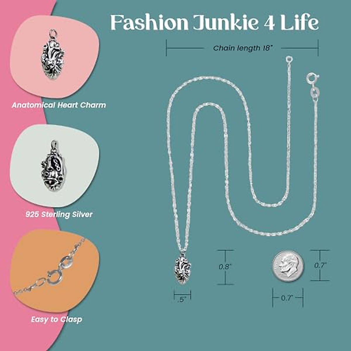 FashionJunkie4Life Sterling Silver Anatomical Heart Necklace, 18" Chain | Birthday Gifts for Women