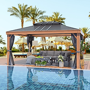 YOLENY 12' x 16' Hardtop Gazebo Metal Gazebo with Faux Wood Grain Aluminum Frame, Galvanized Steel Double Roof, Outdoor Patio Gazebo Pergolas with Netting and Curtains for Backyard, Patio, Lawns