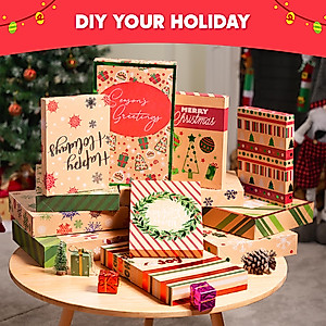 JOYIN 12 Pcs Christmas Aluminum Foil Kraft Paper Gift 3 sizes Boxes with Base, Xmas Shirt Wrap Box, Holiday Present Box for Birthday Party Favors Decorations Gift-Giving, 12 Design