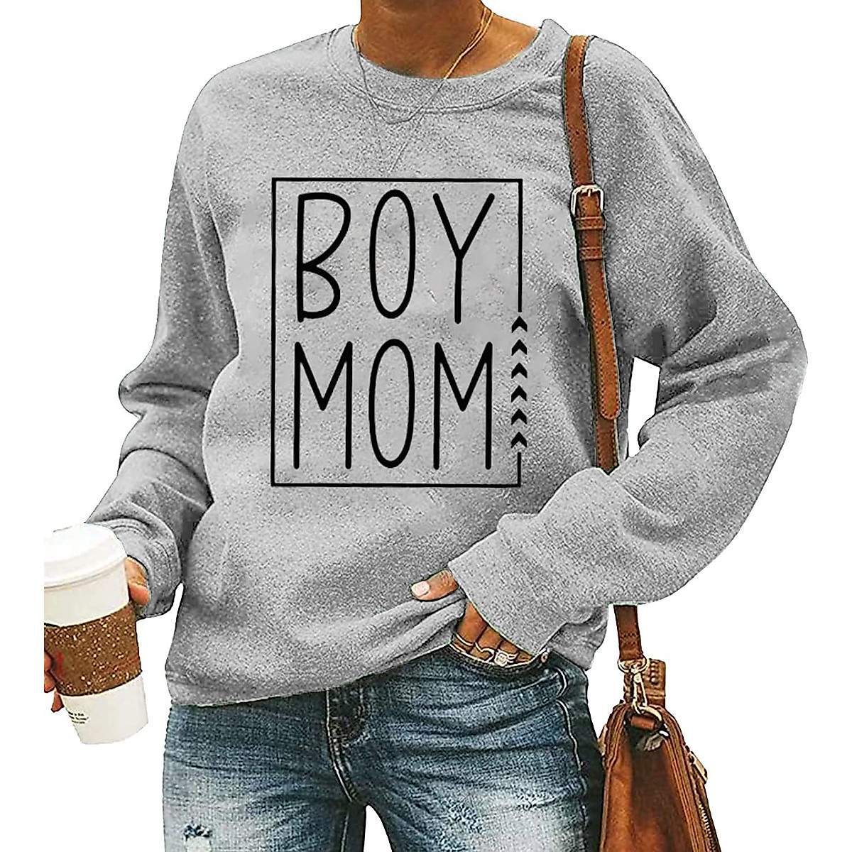 MYCHTE Boy Mom Sweatshirt for Women Casual Fall Winter Long Sleeve Pullover Tops Funny Letter Print Boy Mama T Shirt (XL, Gray)