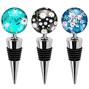 Ohok Wine Stoppers for Bottles,3 Pcs Stainless Steel Wine Stoppers with Decorative Glass for Wine Collection Red Wine Champagne Beer Saver Sealer (Flowers B)