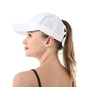 Nanwansu Womens Criss Cross Ponytail Baseball Cap Adjustable Messy Bun Mesh Quick Drying Hat White