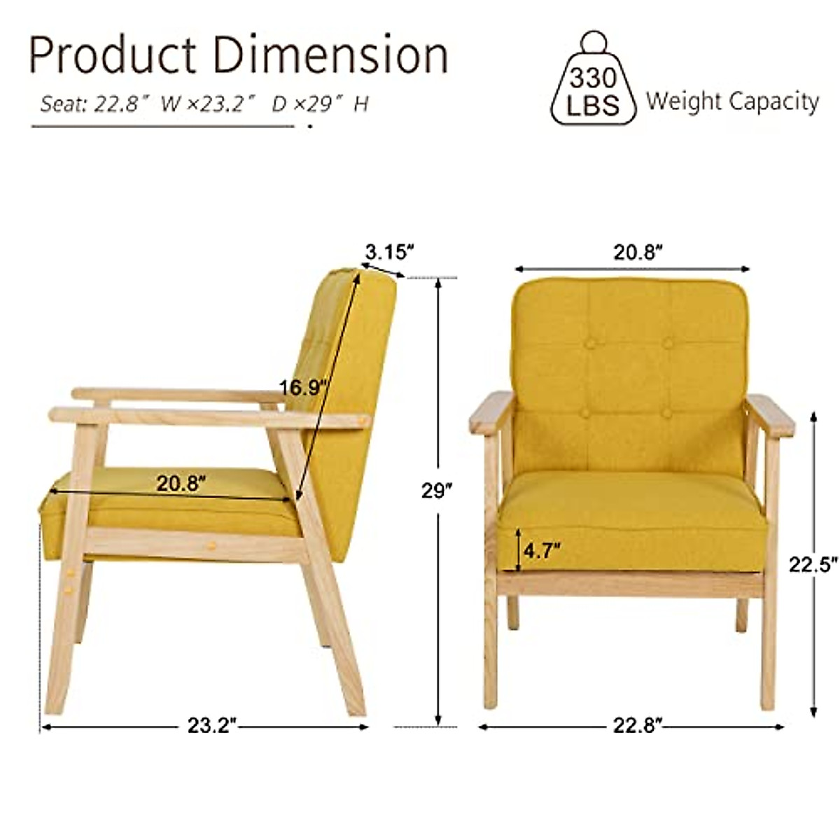 Okeysen Accent Chairs Set of 2, Mid Century Modern Accent Chair, Retro Wood and Fabric Armchairs Side Chair, Lounge Reading Comfy Arm Chair for Living Room, Bedroom, Office (Yellow)