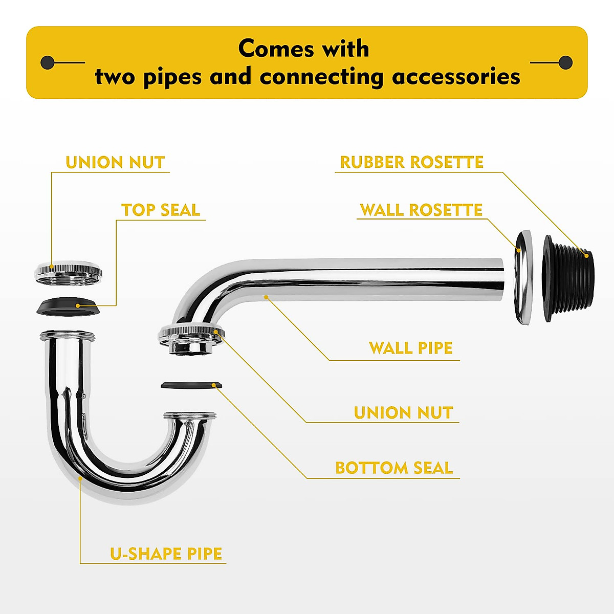 JEAPHA Stainless Steel P-Trap - 1 1/4 Inch Bathroom Basin Sink Waste Trap with Reducing Washer, Chrome Finish, Silver