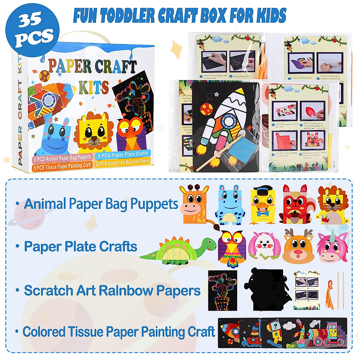 Mojitodon All-Inclusive Toddler Art and Craft Activity Kit - Includes 35 Deluxe Pre-Packed Projects for Creative Kids Aged 3-8, Along with Instructions and Materials