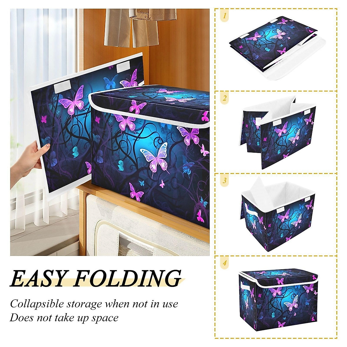 YETTASBIN Purple Blue Butterfly Storage Basket with Lid and Handles, Large Collapsible Fabric Storage Bins Durable Storage Organizer for Shelves, Closet, Bedroom, School, Office, Home Decor