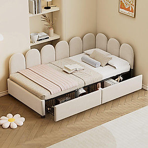 Nahenduo Twin Size Velvet Daybed with 2 Storage Drawers, Upholstered Corner Bed Frame with Arch-Shaped Headboard for Kids Girls and Boys, No Box Spring Needed (White, Twin)