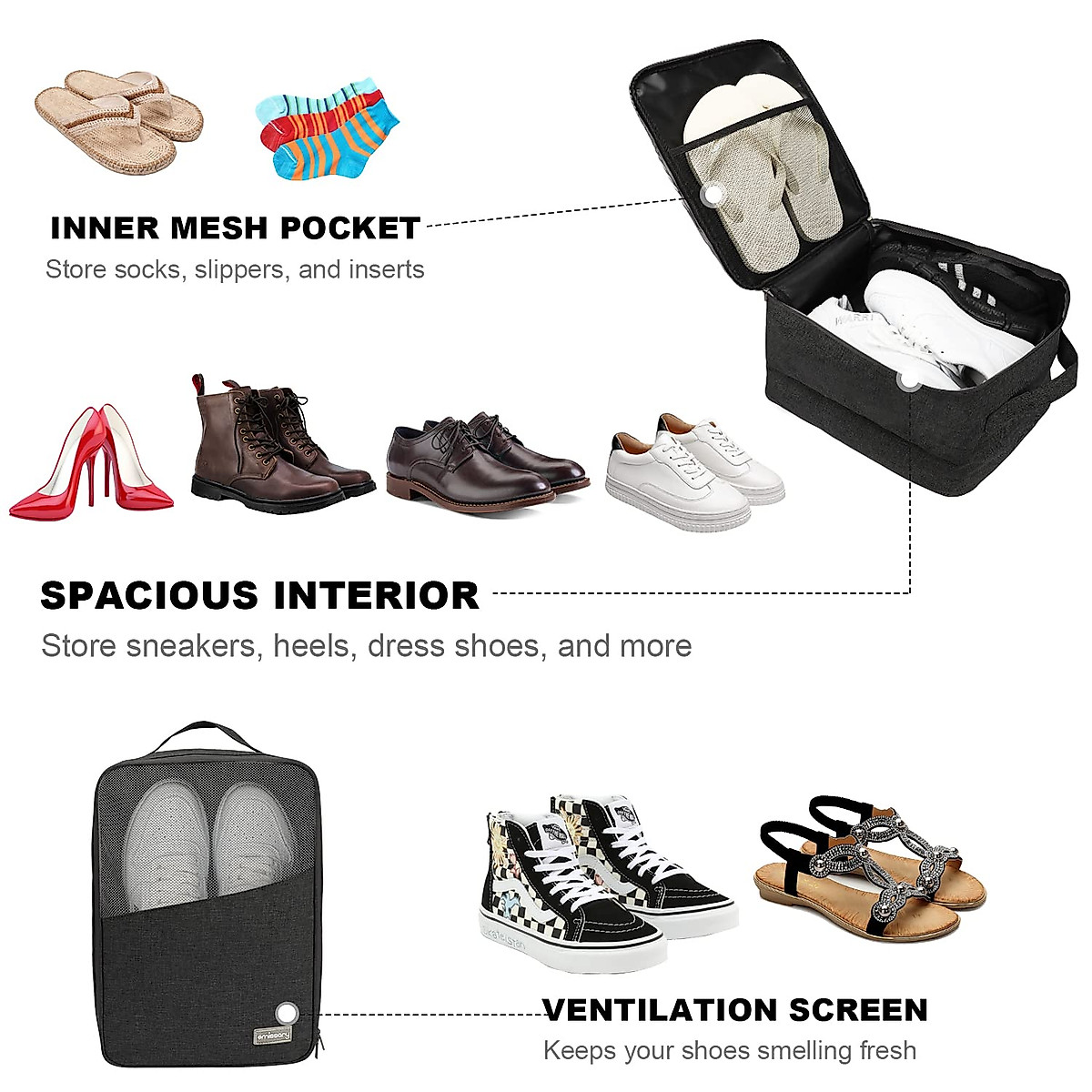 emissary Shoe Bag Holds 3 Pair of Shoes for Travel, Large Waterproof Shoe Bags for Storage, Shoe Bags for Travel With Pocket, Travel Shoe Bags for Packing, Sneaker Travel Bag for Women Men(Black)