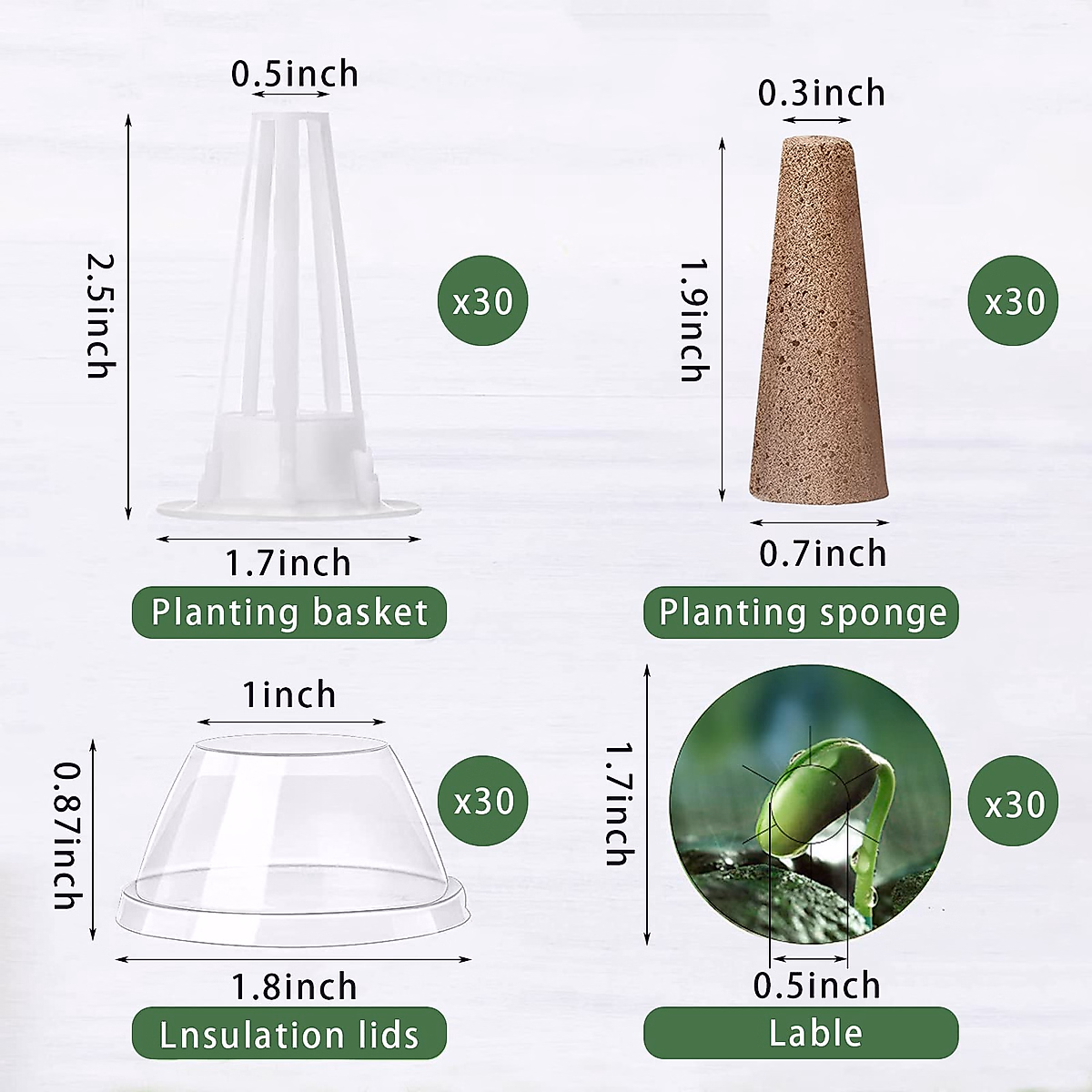 JOLINTAL 120Pcs Hydroponic Garden Accessories Pod Kit, Indoor Garden Accessories, with Transparent Lid, 30 Planting Sponges, 30 Planting Baskets, 30 Seed Labels, 30 Planting Domes, Planting Sponge Set