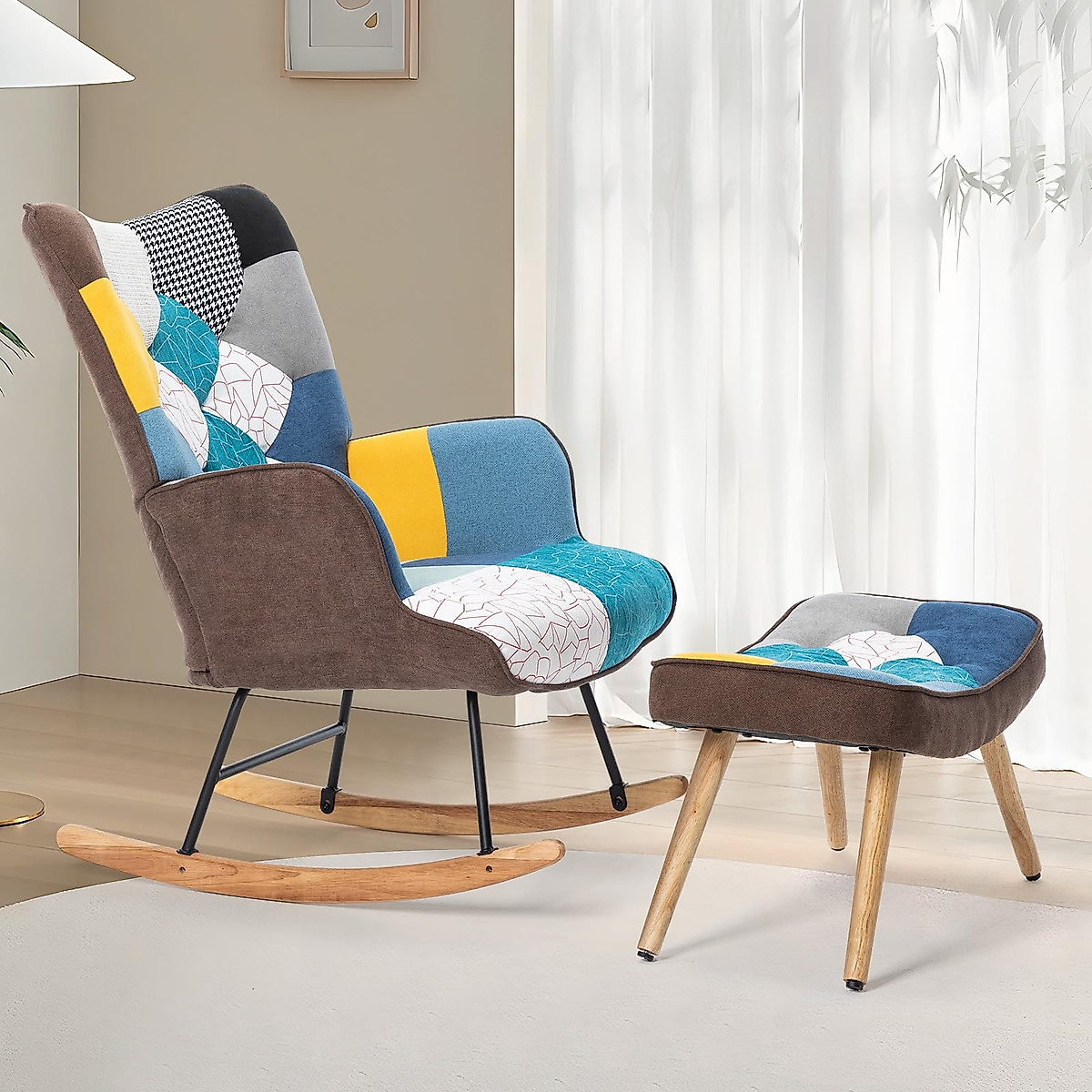 Unovivy Rocking Chair with Ottoman, Upholstered Nursery Armchair with Foot Rest, Nursing Glider Rocker with Backrest & Wooden Base, Small Gliding Seat for Bedroom, Living Room, Balcony