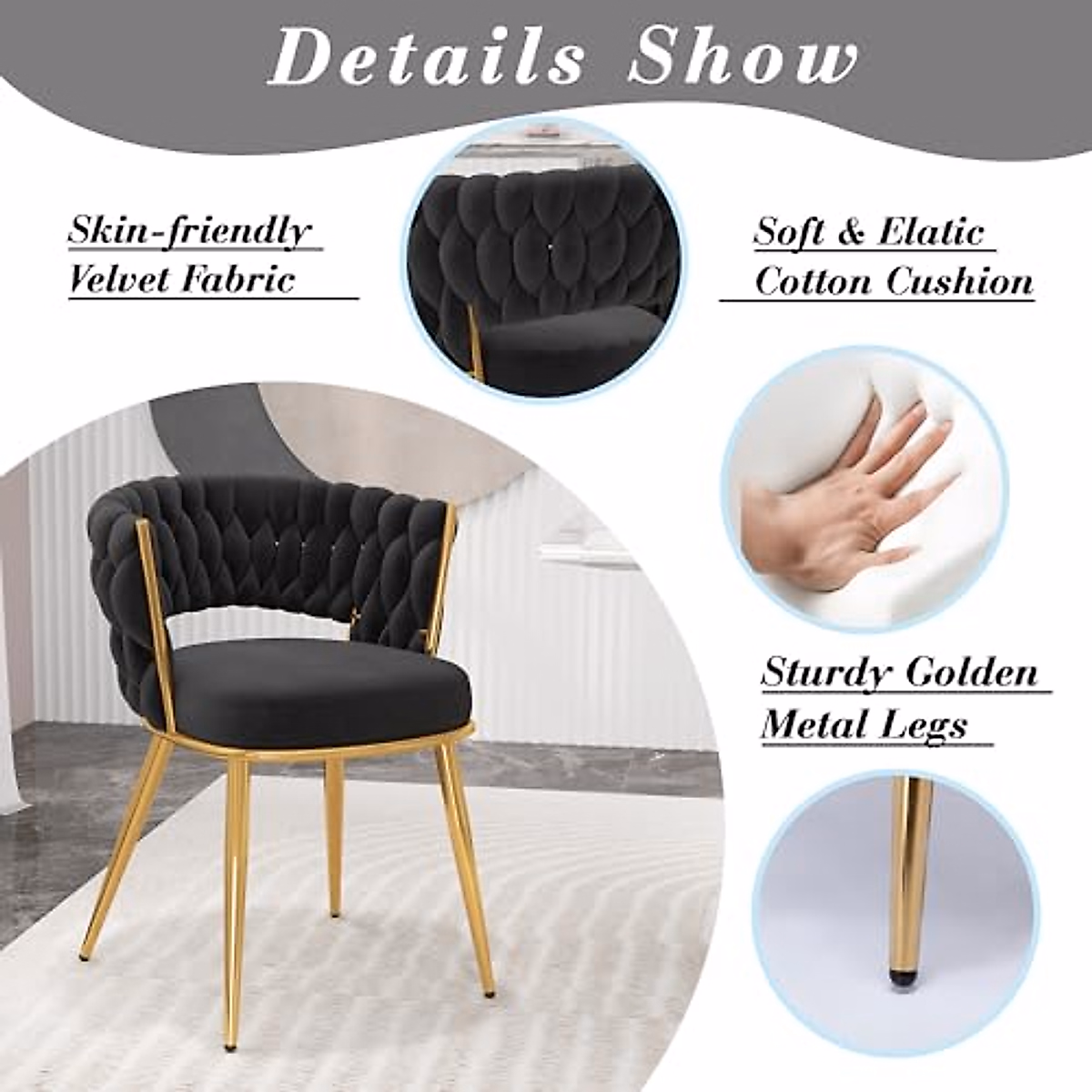 KCC Modern Velvet Dining Chairs Set of 2, Upholstered Living Room Chair with Woven Back and Golden Metal Legs, Mid-Century Accent Side Chair for Living Room, Dining Room, Kitchen, Black