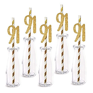 91st Birthday Paper Straw Decor, 24-Pack Real Gold Glitter Cut-Out Numbers Happy 91 Years Party Decorative Straws