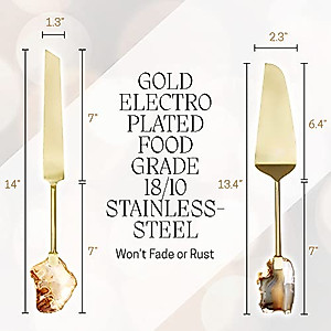 WANDA LIVING - - Handmade Gold Wedding Cake Knife & Server Set of 2 - - with Striking Natural Agate Crystal Embellishments - - Ideal for Weddings & Anniversaries - - Lead & Nickel Free