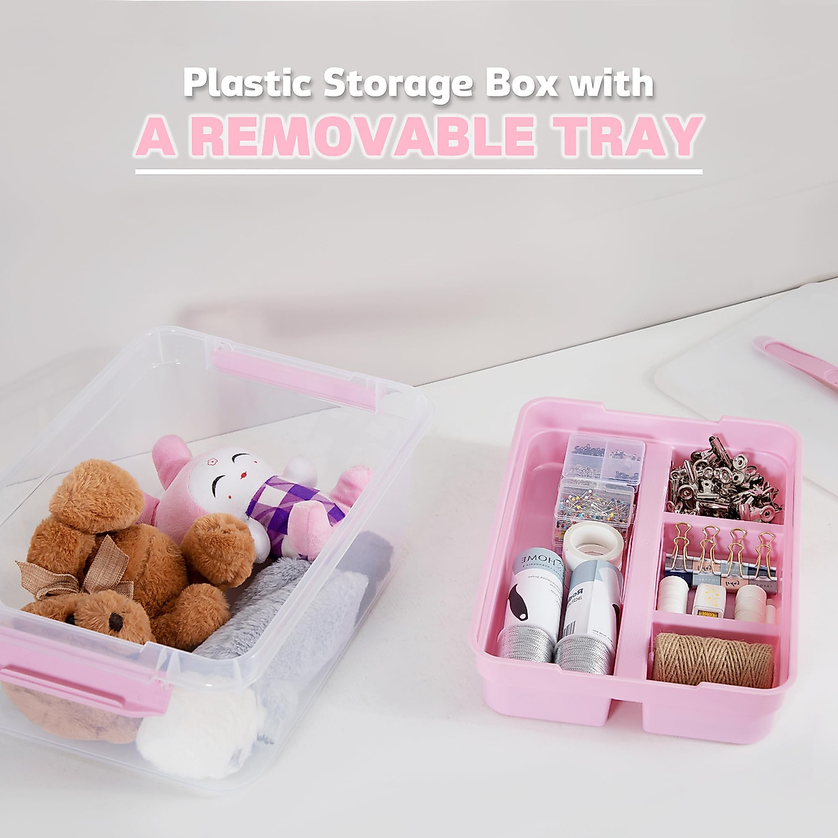 2-Pack Craft Organizers and Storage Boxes, 20 QT Playdoh storage box with Frosted Lid & Removable Tray, Pink Multi-Purpose Organizer for Toys, Crafts, Tools, Bead