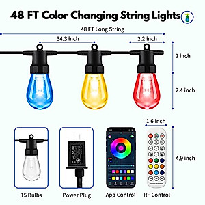XHT Outdoor String Lights - 48ft Sync with Music Color Changing Outside Patio Lights with 15 Dimmable IP65 Waterproof RGB LED Bulbs with App & Remote Control for Dating, Party, Wedding