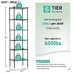 XXkseh 6 Tier Metal Shelf, Heavy Duty Garage Storage Rack, 100lbs Capacity per Shelf, Adjustable Wire Shelves, Black, Floor Mount, 16.7" L x 11.8" W x 63" H