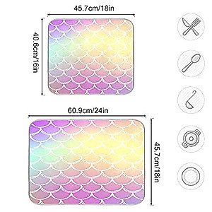 Sea Mermaid Scales Dish Drying Mat 24"x18" Absorbent Machine Washable Hanging Fast Dry Pad Dish Protective Mat for Kitchen Countertop Heat Resistant Dinner Table Mat
