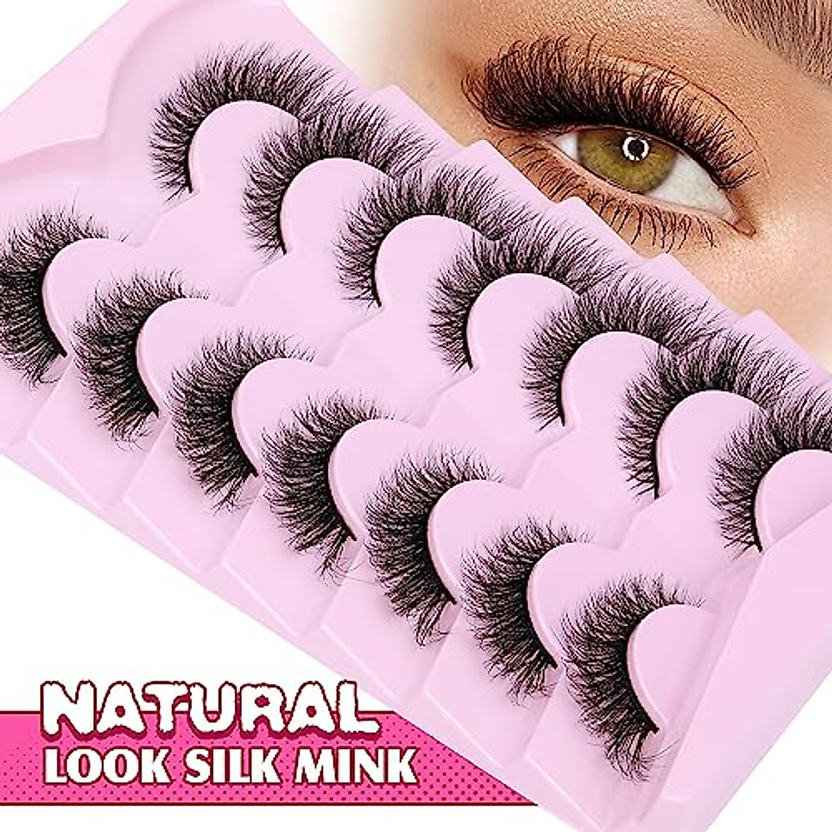 Lashes Natural Look Cat Eye False Eyelashes Mink Fluffy Fox Eye Lashes Wispy 15mm 6D Volume Strip Fake Eyelash Extension Look by PHKERATA, 7 Pairs Pack