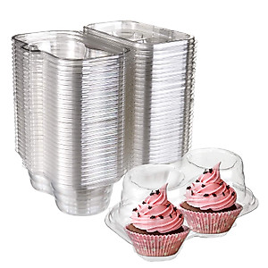 Bekith 60 Count 2-Compartment Plastic Cupcake Containers Disposable with Connected Airtight Lid, Clear Stackable Deep Dome Cupcake Carrier Holder Box for Cupcakes, Muffins, BPA Free
