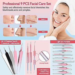 Kresecioo 9 PCS Blackhead Remover Tools, Pimple Popper Tool Kit, Acne Tools Extractor Kit Professional for Nose Face, Blemish Whitehead Zit Popping Tool with Portable Leather Bag(Pink)