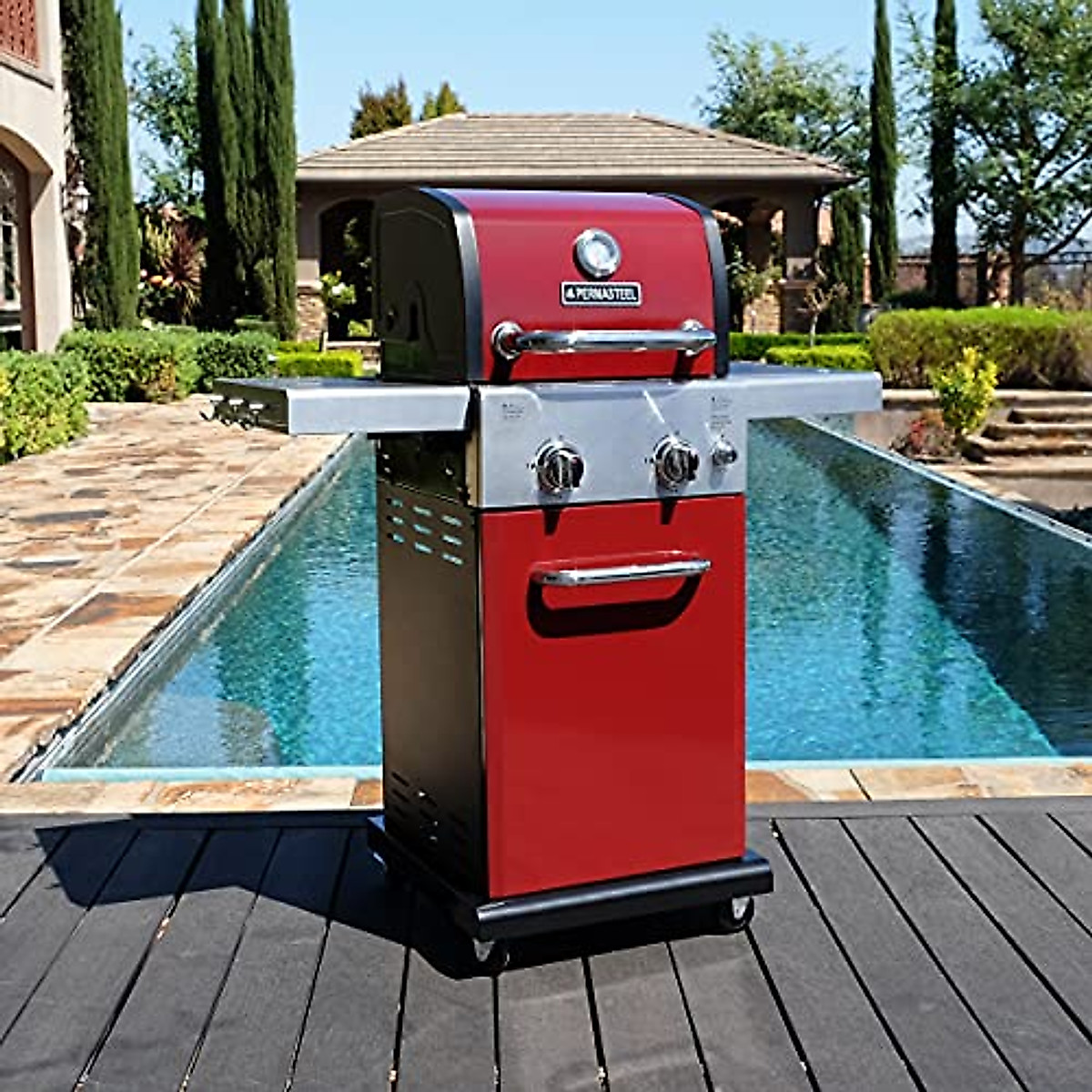 Permasteel 2-Burner Gas Grill | Cast Iron Cooking Grates, Grilling Tools Holder, Foldable Sides, PG-A40201-RD, Cabinet Style, 22000 BTUs – Red