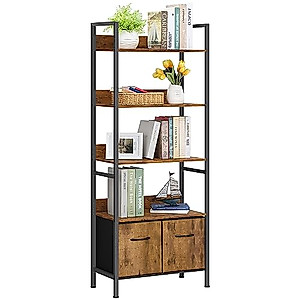 LIANTRAL 5 Tier Bookshelf with Drawers, Tall Bookcase with Shelves, Wood and Metal Book Shelf Storage Organizer, Industrial Display Standing Shelf Unit for Bedroom, Living Room, Office, Rustic Brown