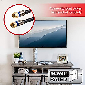 GE RG6 Coaxial Cable, 25 ft. F-Type Connectors, Quad Shielded Coax Cable, 3 GHz Digital, In-Wall Rated, Ideal for TV Antenna, DVR, VCR, Satellite, Cable Box, Home Theater, Black, 33531