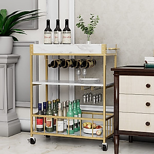 Azheruol Bar Cart White Marble 3 Tiers Removable Storage Tray with Wine Rack & Wine Glasses Holder,Rolling Beverage Cart,Mobile with Handle, Wood & Gold Steels Home Kitchen Shelf for Party