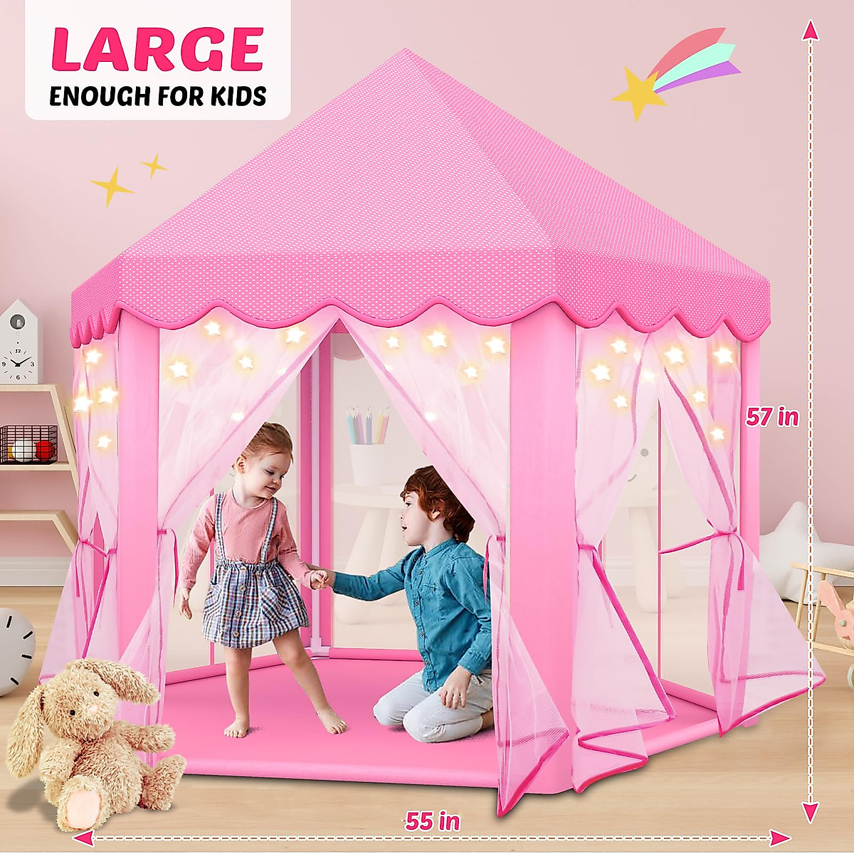 Princess Tent Girls Large Playhouse Kids Castle Play Tent with Star Lights Toy for Children Indoor and Outdoor Games for Ages 3 4 5 6 Year Old