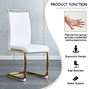 Luxurious Dining Table Set for 4, 63'' White Imitation Marble Tabletop with MDF U-Shaped Legs, Rectangle Glass Kitchen Table with 4 pcs White Leather Dining Chairs for Home Living Room