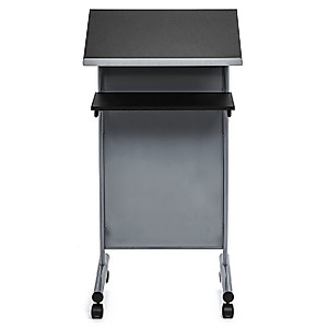 Audio-Visual Direct Wheeled Lectern Podium - Standing Desk with Storage Shelf - Silver/Black - Ideal for Presentations and Laptop Use