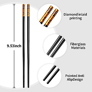 YOUPINLE 10 Pairs Fiberglass Chopsticks-Reusable Chopsticks Dishwasher Safe,9 1/2 Inches- Multicolored
