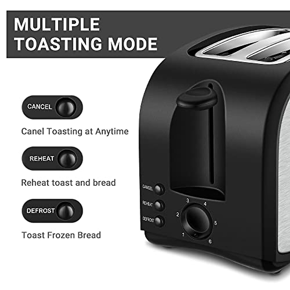 2 Slice Toaster CUSINAID Black Wide Slot Toaster 2 Slice Best Rated Prime with Pop Up Reheat Defrost Functions, 6-Shade Control, Removable Crumb Tray