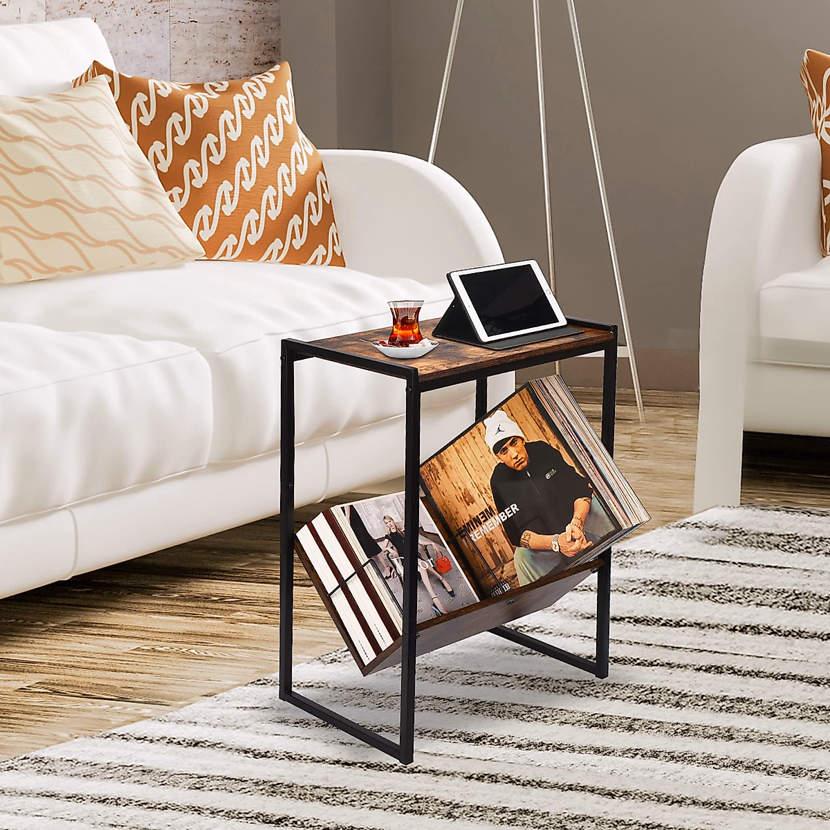 DACK Record Player Stand with Vinyl Storage,Matte Black Metal Turntable Stand, Sturdy Record Player Cabinet for Living Room Bedroom Office