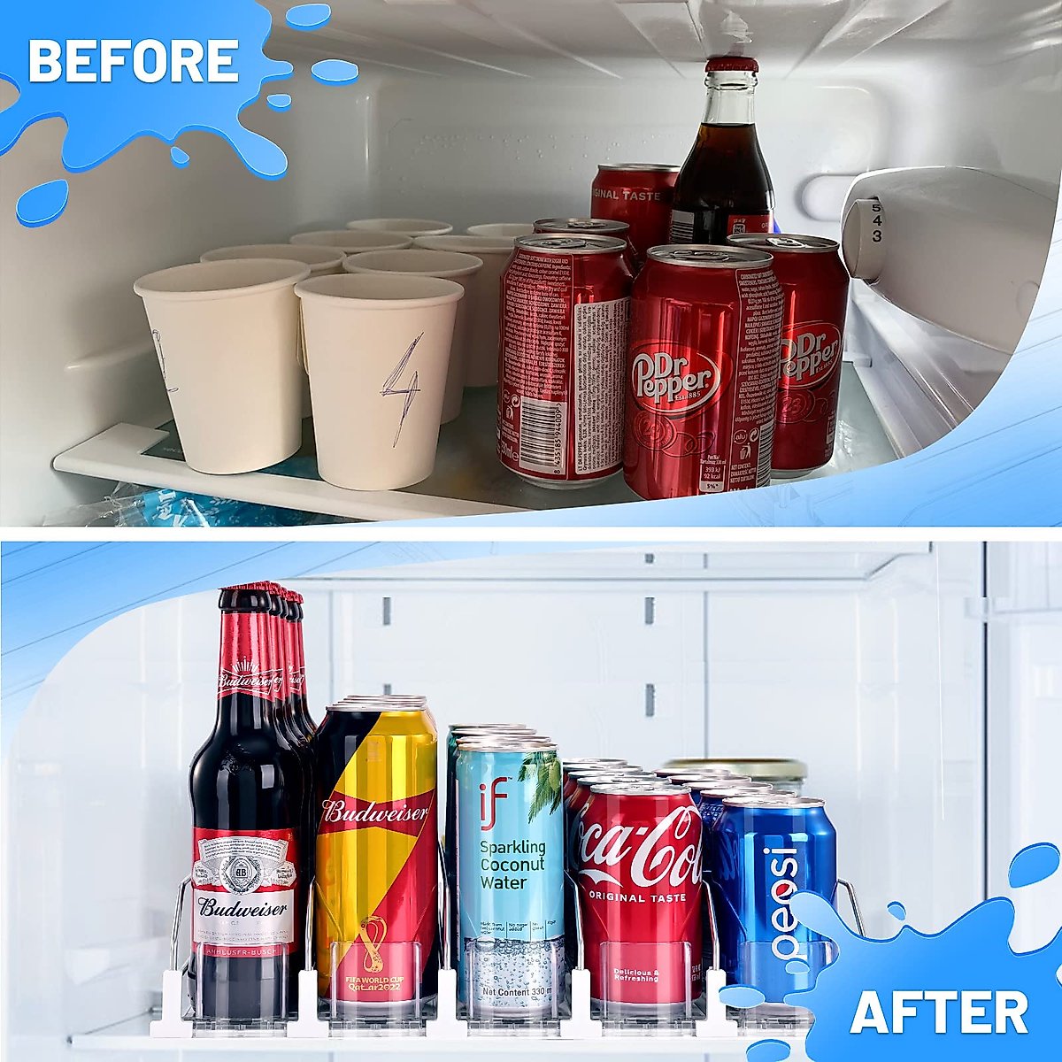 Drink Organizer for Fridge, Self-Sliding Soda Can Organizer for Refrigerator and Adjustable Width, 12oz 16oz 20oz drinks can be accommodated, up to 40+ Cans（5+3 ROWS）