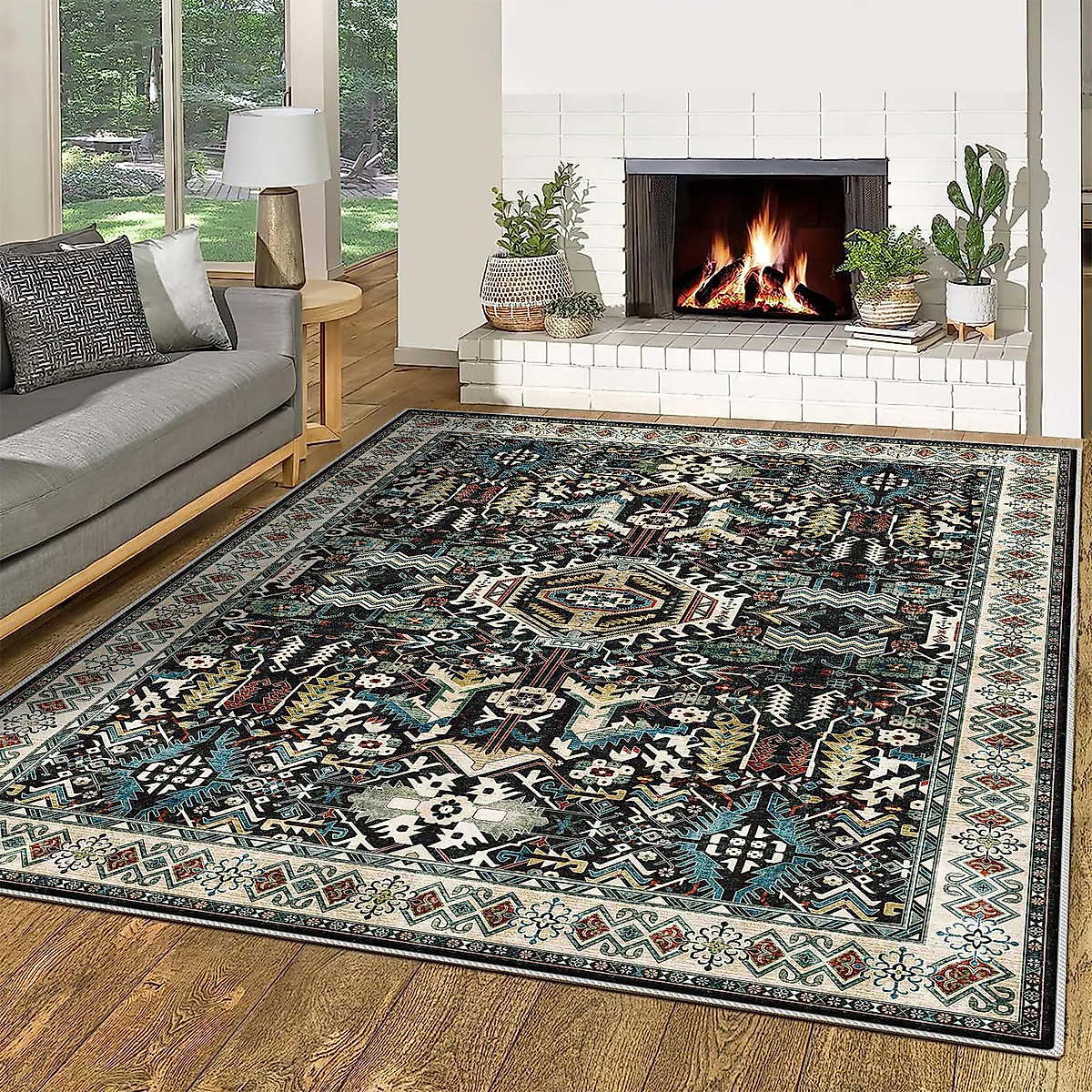 Washable Living Room Area Rug - 8x10 Large Bedroom Rug Distressed Oriental Non-Slip Non-Shedding Print Floor Carpet for Dining Room Kitchen (Black, 8 x 10)
