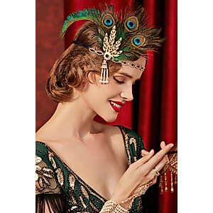 BABEYOND 1920s Flapper Headband Feather Headpiece Roaring 20s Gatsby Hair Accessories for Women (Peacock Green)