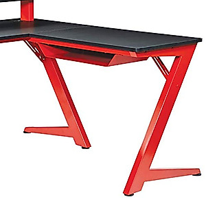 OSP Home Furnishings Avatar Battlestation L-Shape Gaming Desk with Bluetooth RGB LED Lights and Carbon Fiber Surface, Red