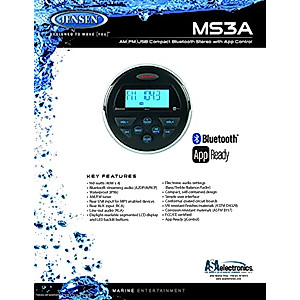 Jensen MS3A AM|FM|USB Waterproof Compact Bluetooth Stereo with App Control, 160 watts (40W x 4), Bluetooth Streaming Audio (A2DP/AVRCP), Rear USB for MP3, Rear AUX in (RCA), Line-Out (RCA) (Renewed)