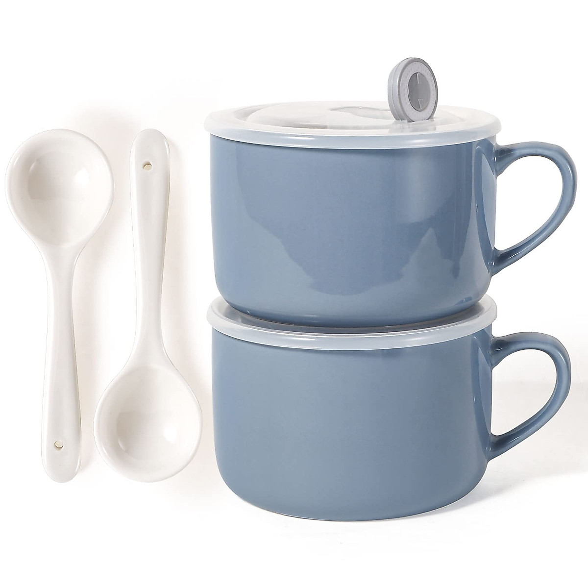 Wareland Soup Bowls with Handles & Spoons, 30oz Ceramic Ramen Bowl with Lid, Large Soup Mugs/Cups for Instant Noodle, Big Cereal Bowls for Oatmeal, Soup Containers with Lids, Set of 2, Sky Blue