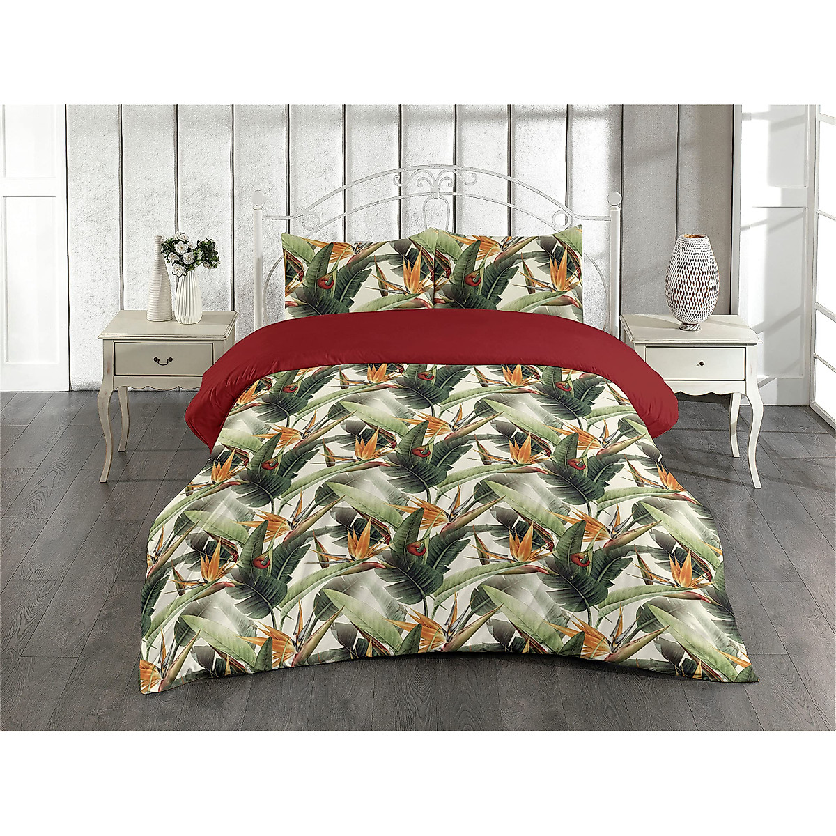 Ambesonne Exotic Duvet Cover Set, Bird of Paradise Flowers Tropical Design Pattern Vintage Hawaiian Style, Reversible 3 Piece Bedding Set with 2 Pillow Shams, Queen, Marigold Green
